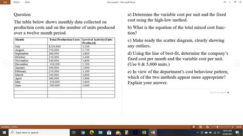 a determine the variable cost per unit and the fixed cost using the