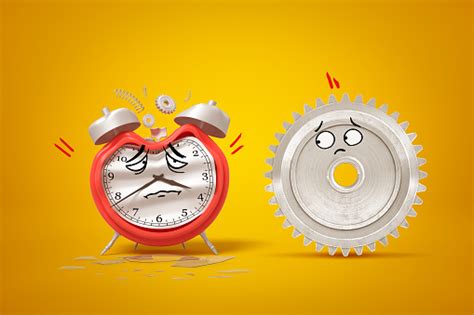 노란 배경에 손상된 알람 시계와 실버 기어 휠에 직면 만화의 3d 렌더링 3위에 대한 스톡 사진 및 기타 이미지 3위 3차원 형태 강철 Istock