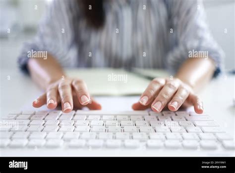 Hands Typing On Keyboard Writing A Blog Woman Hands On The Keyboard Working At Home Stock
