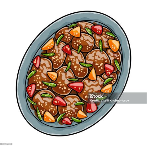 새콤달콤한 돼지고기 얇게 썬 당근 녹색과 빨간색 피망 파인애플을 곁들인 튀긴 돼지 고기 중국 음식 격리된 벡터 이미지입니다 0명에 대한 스톡 벡터 아트 및 기타 이미지