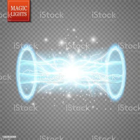 마법의 판타지 포털입니다 미래 텔레포트입니다 빛 효과입니다 와 야경의 블루 초 광선 투명 한 배경에 불꽃 연단의 빈 조명 효과입니다 디스코 클럽 Dancefloor입니다 3