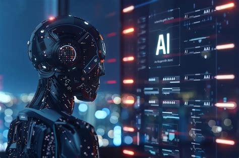 Ai Robot Analyzing Data In Dark High Tech Laboratory With Glowing Screens Premium Ai Generated