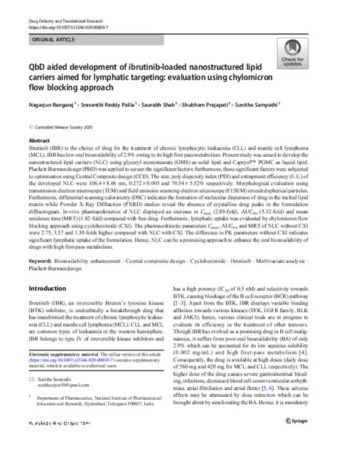 Pdf Qbd Aided Development Of Ibrutinib Loaded Nanostructured Lipid Carriers Aimed For