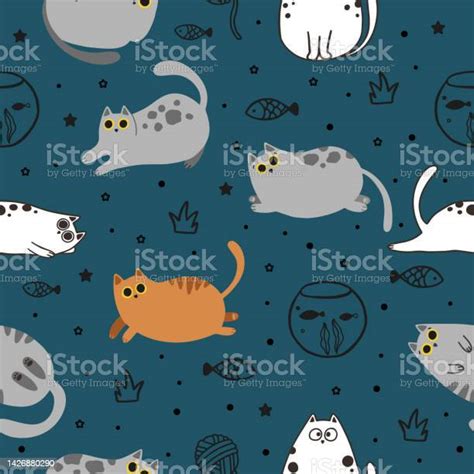 귀여운 만화 고양이와 원활한 패턴 직물 섬유 벡터 일러스트 레이 션에 적합 0명에 대한 스톡 벡터 아트 및 기타 이미지 0명 가축 개 Istock
