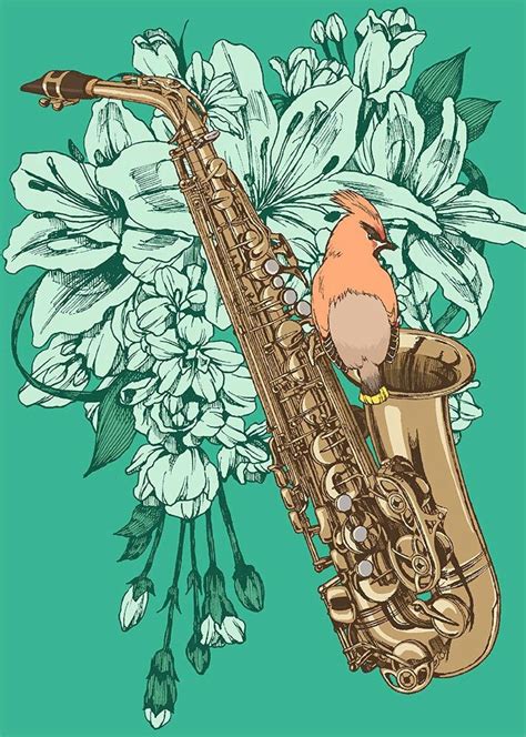 Halka 花×野鳥×楽器 Music Drawings Saxophone Art Flower Drawing