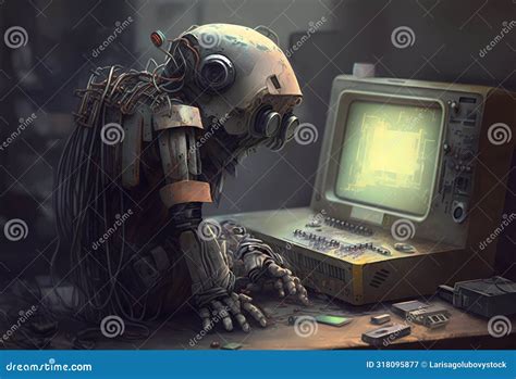 automated work ai robot expansion cyborg typing computer code stock