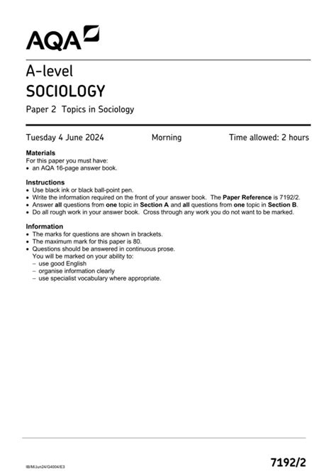 AQA A-level SOCIOLOGY Paper 1, 2 and 3 JUNE 2024 QUESTION PAPERS AND ...