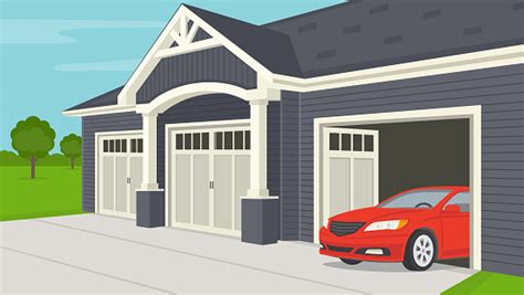 문이 열린 나무 차고 내부의 빨간색 세단 자동차 차고를 떠납니다 마당의 차도에 대한 스톡 벡터 아트 및 기타 이미지 마당의