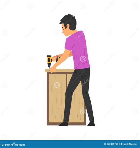 Man Assembling And Installing Cupboard Manual Furniture Assembly Vector Illustration Stock