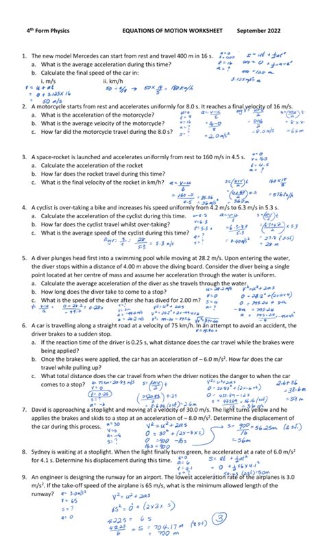 Equations Of Motion Worksheet