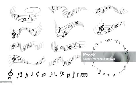 악보 노트 우아한 음악 라인 음표 기호가있는 음악 표기법 소용돌이 벡터 일러스트 레이 션 세트 음표에 대한 스톡 벡터 아트 및 기타 이미지 Istock