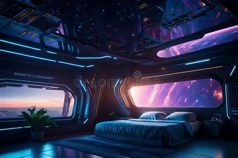 3d Rendered Rgb Neon Colored Bedroom In Space With A Glass Window