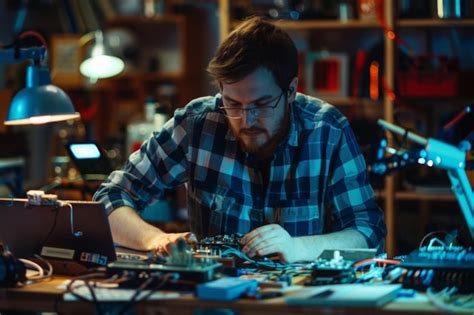 Um Programador Masculino Cria Robótica Uma Placa Arduino Controla Servo Motores Programação