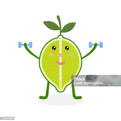 아령과 연습을하고 귀여운 라임 만화 캐릭터 건강하고 피트니스를 먹는다 배경에 격리된 벡터 그림입니다 감귤류 과일에 대한 스톡 벡터 아트 및 기타 이미지 Istock