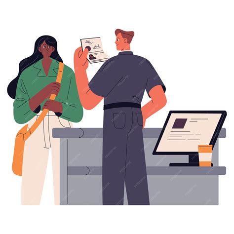 Premium Vector Immigration Control Worker Scans Passport Tourist Crossing Border Airport