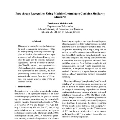 Paraphrase Recognition Using Machine Learning To Combine Similarity Measures Acl Anthology