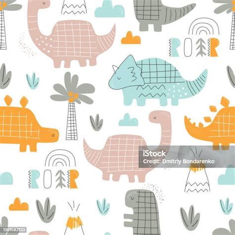 흰색 배경에 색깔의 공룡과 원활한 패턴 의류 포장 지 엽서 포스터 배너에 인쇄하기위한 벡터 그림 귀여운 아기 배경 0명에 대한 스톡 벡터 아트 및 기타 이미지 Istock