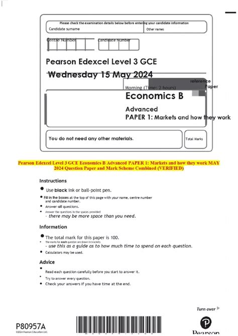 Pearson Edexcel Level 3 Gce Economics B Advanced Paper 1 Markets And How They Work May 2024