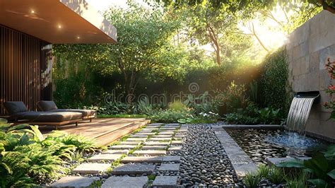 Serene Rooftop Garden Featuring Artistic Pathways Lush Greenery And