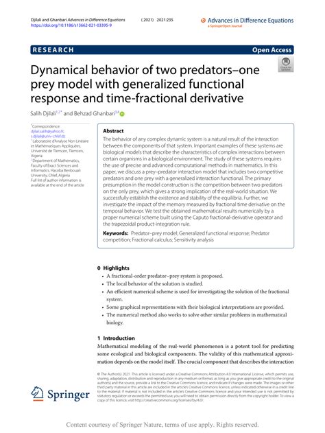 Pdf Dynamical Behavior Of Two Predators One Prey Model With Generalized Functional Response