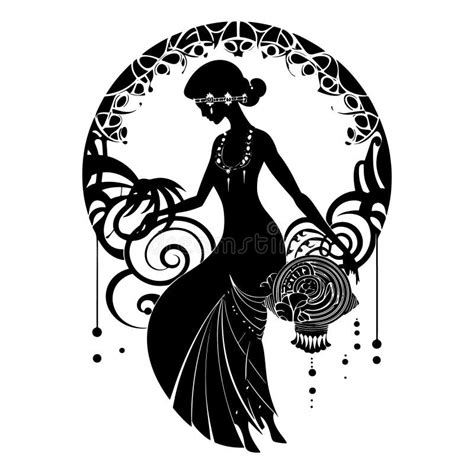 Art Nouveau Style Black And White Womans Figure Silhouette With Floral