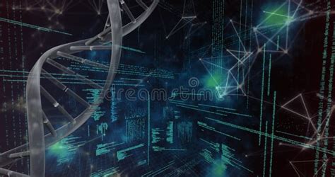 Image Of Ticking Clock And Spinning Dna Structure Against Data