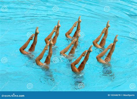 Synchronized Swimmers Take A Pose Underwater In A Pool Stock