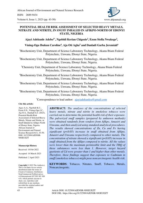 Pdf Potential Health Risk Assessment Of Selected Heavy Metals Nitrate And Nitrite In Snuff