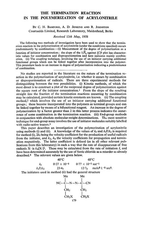 The Termination Reaction In The Polymerization Of Acrylonitrile Transactions Of The Faraday