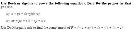 solved use boolean algebra to prove the following equations