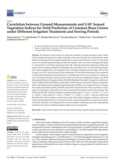 Pdf Correlation Between Ground Measurements And Uav Sensed Vegetation Indices For Yield