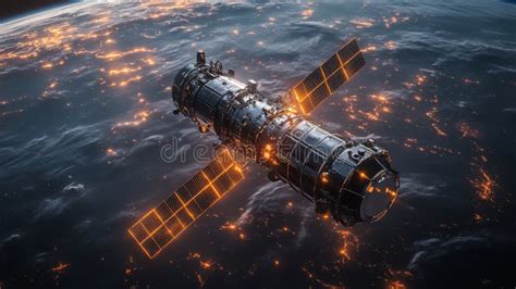 Advanced Spacecraft In Geostationary Orbit Transmitting Telemetry Data To Earth At Night