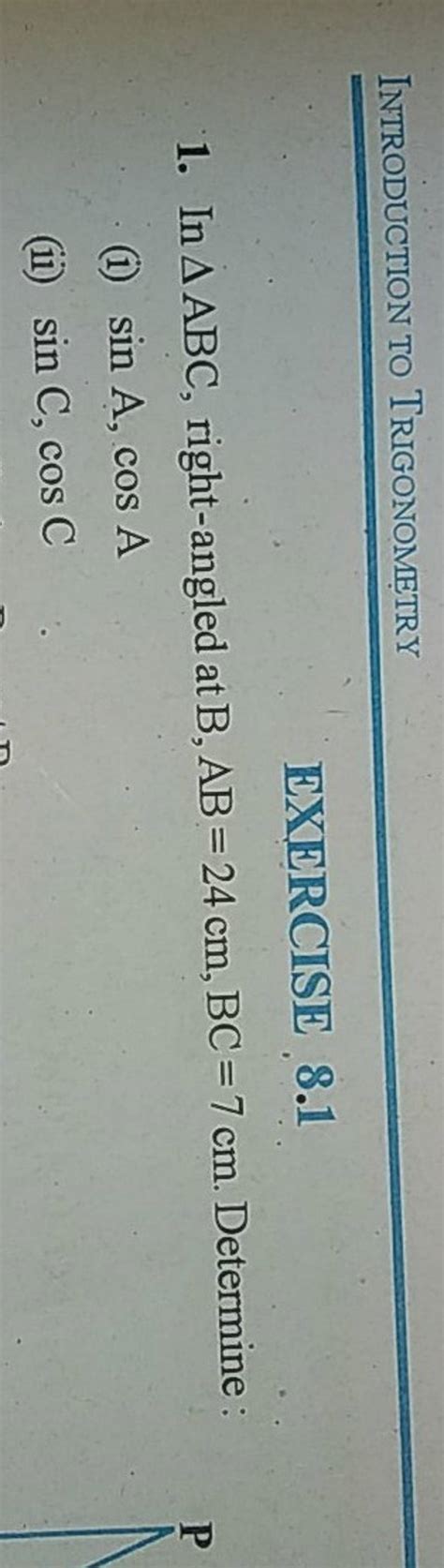 Introduction To Trigonometryexercise 81in Abc Right Angled At Bab2