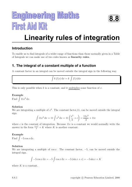 8 8 Linearity Rules Of Integration Mathematics Support Centre
