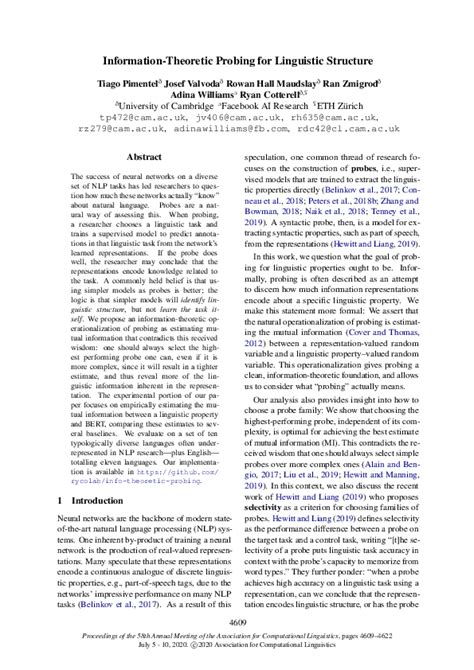 Pdf Information Theoretic Probing For Linguistic Structure