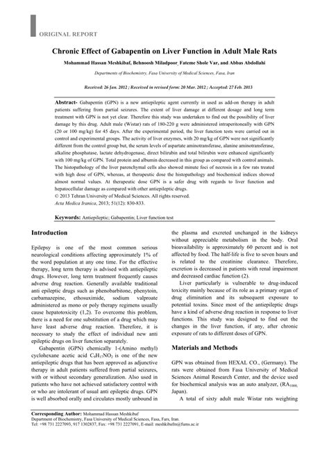 Pdf Chronic Effect Of Gabapentin On Liver Function In Adult Male Rats