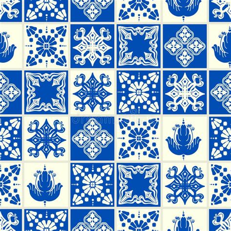 The Blue And White Seamless Pattern Displays Symmetrical Geometric Designs Ceramic Tile