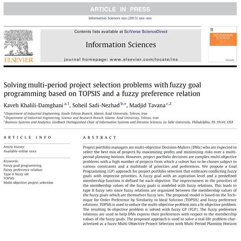 مقاله Solving Multi Period Project Selection Problems With Fuzzy Goal Programming Based On