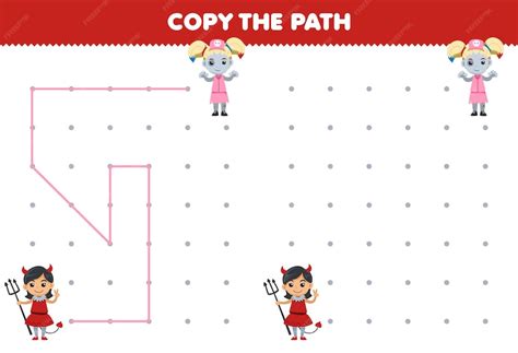 어린이를 위한 교육 게임 경로 복사 도움 악마 소녀 좀비 소녀 의상 인쇄 가능한 할로윈 워크시트로 이동 프리미엄 벡터