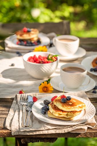 여름 정원에서 라즈베리와 블루베리와 함께 팬케이크를 즐기세요 0명에 대한 스톡 사진 및 기타 이미지 0명 건강한 생활방식 건강한 식생활 Istock