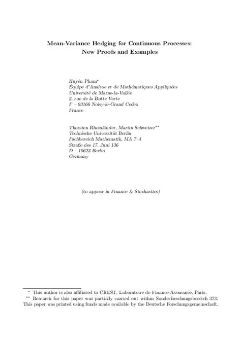 Pdf Mean Variance Hedging For Continuous Processes New Proofs And Examples