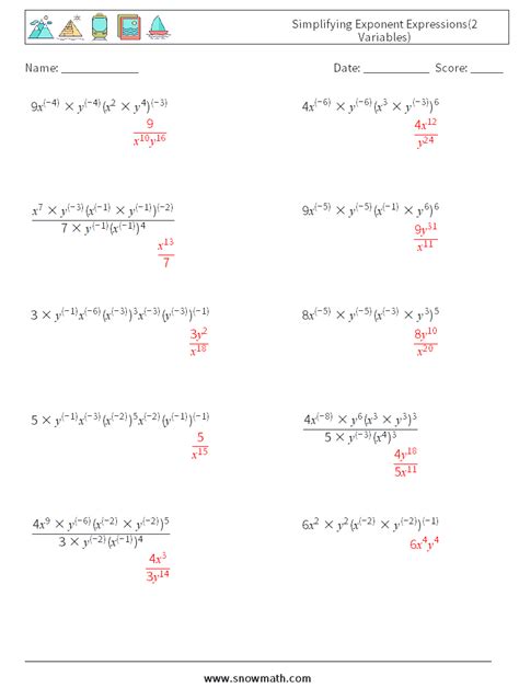 simplifying exponent expressions 2 variables math worksheets 9math