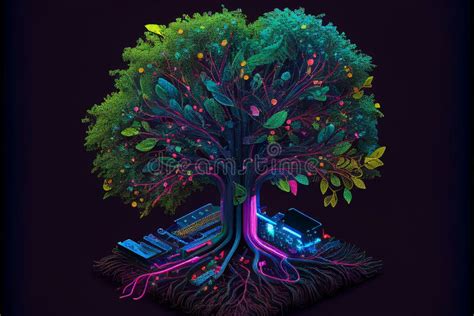 Neon Tree On A Computer Chip Created With Generative Ai Technology Stock Illustration