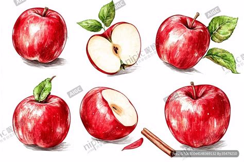 Ai创作图手绘 红苹果 苹果 切片苹果 带叶苹果 肉桂棒 水果 插画 素材 图案 食品 美食 写实 水彩 绘画 昵图网