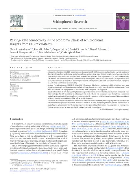 Pdf Resting State Connectivity In The Prodromal Phase Of Schizophrenia Insights From Eeg