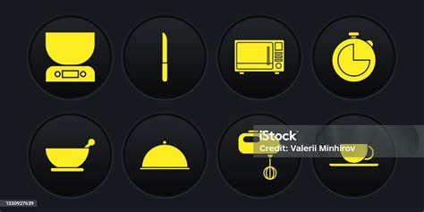 박격포와 유봉을 설정 부엌 타이머 트레이 전기 믹서 전자 레인지 칼 커피 컵과 전자 비늘 아이콘으로 덮여 벡터 가리기에 대한 스톡 벡터 아트 및 기타 이미지 Istock
