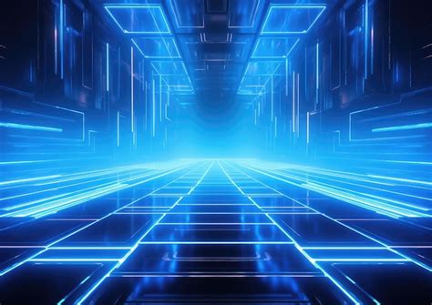 미래적인 배경을 만드는 블루 네온 불빛 프리미엄 사진