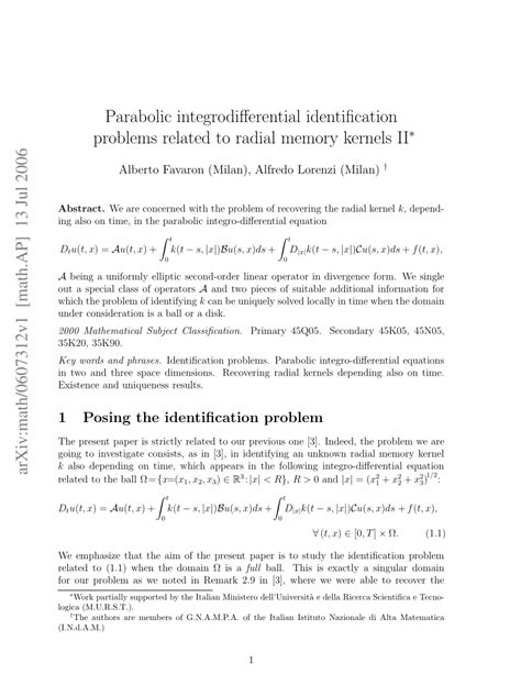 Pdf Parabolic Integrodifferential Identification Problems Related To Radial Memory Kernels Ii