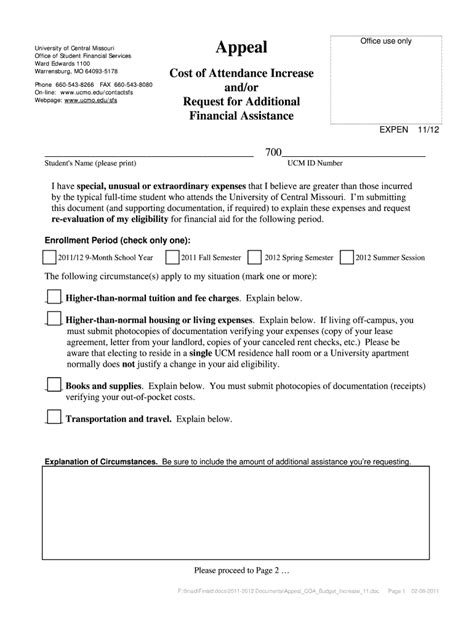 Appeal Cost Of Attendance Increase Andor Request For Additional Form