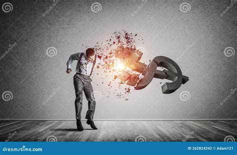 Determined Banker Man In Empty Concrete Room Breaking Dollar Figure